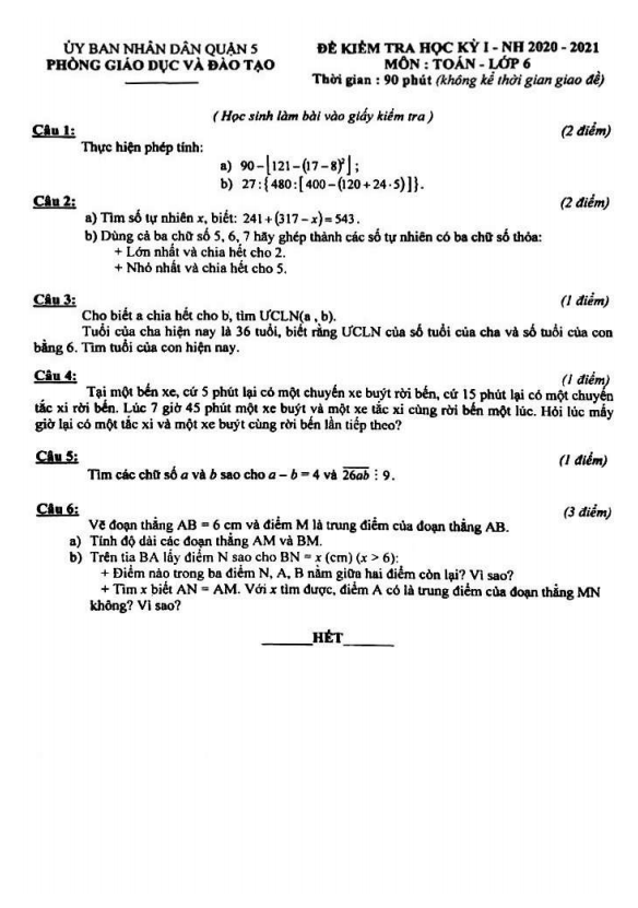 Đề thi HK1 Toán 6 năm 2020 - 2021 phòng GD&ĐT Quận 5 - TP HCM - THCS.TOANMATH.com