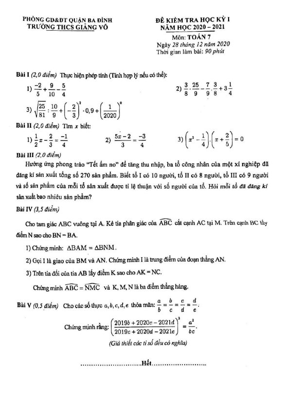 Đề thi HK1 Toán 7 năm 2020 - 2021 trường THCS Giảng Võ - Hà Nội - THCS.TOANMATH.com
