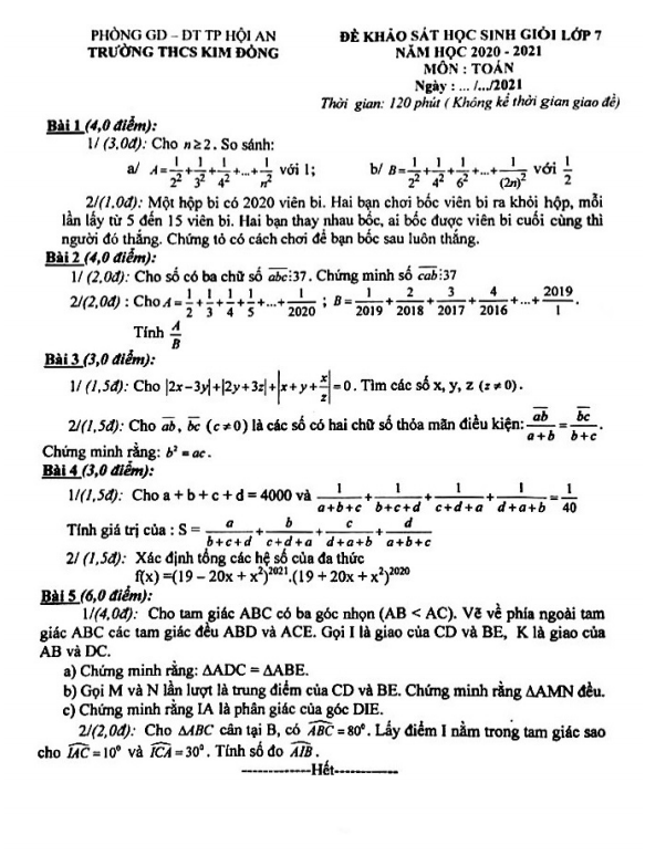 Đề thi HSG Toán 7 năm 2020 - 2021 trường THCS Kim Đồng - Quảng Nam - THCS.TOANMATH.com