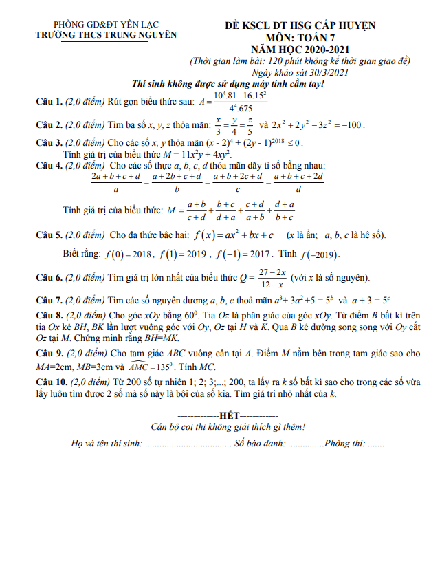 Đề thi HSG Toán 7 năm 2020 - 2021 trường THCS Trung Nguyên - Vĩnh Phúc - THCS.TOANMATH.com