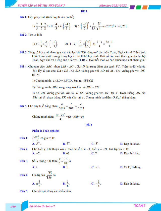 Đề thi HK1 Toán 7 - THCS.TOANMATH.com