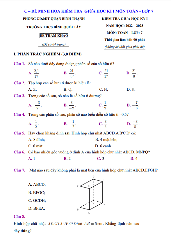 Đề tham khảo giữa kỳ 1 Toán 7 năm 2022 - 2023 trường THCS Bình Quới Tây - TP HCM - THCS.TOANMATH.com