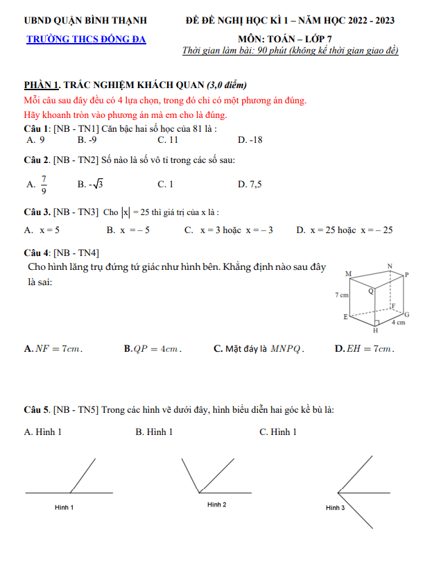 Đề đề nghị cuối kỳ 1 Toán 7 năm 2022 - 2023 trường THCS Đống Đa - TP ...