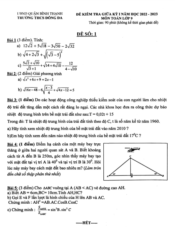 Đề giữa kỳ 1 Toán 9 năm 2022 - 2023 trường THCS Đống Đa - TP HCM - THCS ...