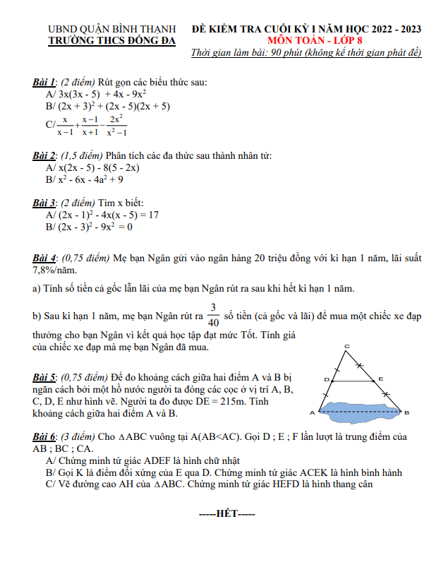 Đề tham khảo cuối kỳ 1 Toán 8 năm 2022 - 2023 trường THCS Đống Đa - TP ...