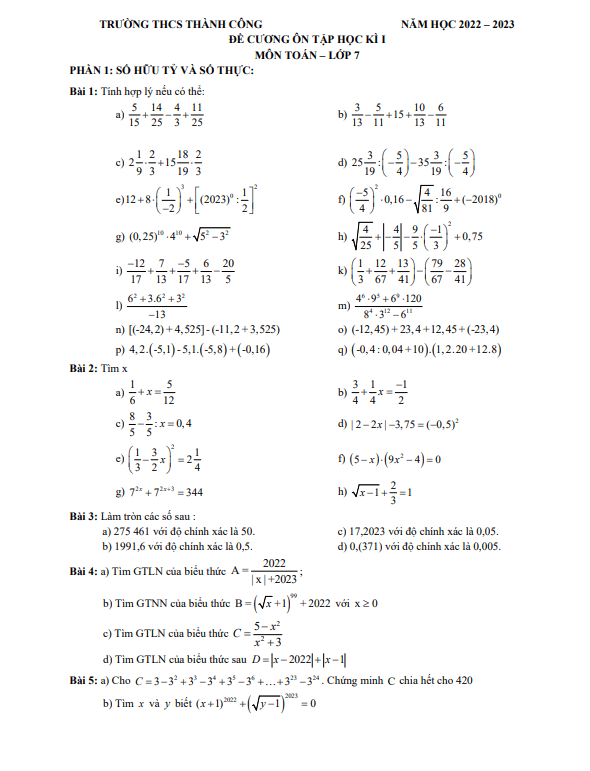 Đề cương ôn tập kì 1 Toán 7 năm 2022 - 2023 trường THCS Thành Công - Hà Nội - THCS.TOANMATH.com
