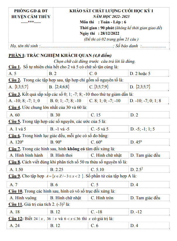 Đề Thi HK1 Toán 6 - THCS.TOANMATH.com