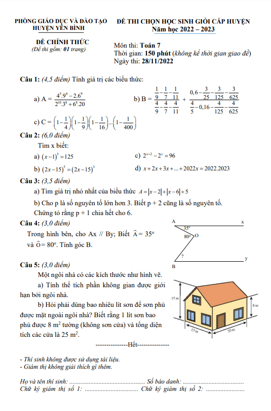 Đề học sinh giỏi huyện Toán 7 năm 2022 - 2023 phòng GD&ĐT Yên Bình - Yên Bái - THCS.TOANMATH.com