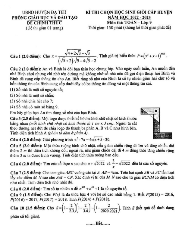 Đề học sinh giỏi tỉnh Toán THCS năm 2022 - 2023 sở GD&ĐT Thanh Hóa - THCS.TOANMATH.com