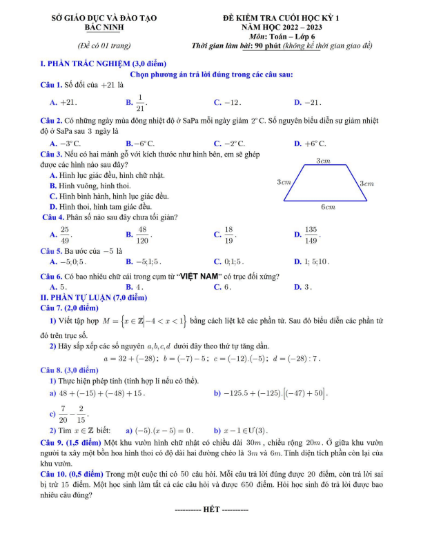 Đề kiểm tra cuối học kỳ 1 Toán 6 năm 2022 - 2023 sở GD&ĐT Bắc Ninh - THCS.TOANMATH.com