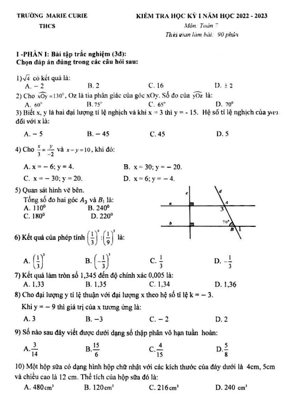 Đề kiểm tra học kỳ 1 Toán 7 năm 2022 - 2023 trường Marie Curie - Hà Nội - THCS.TOANMATH.com