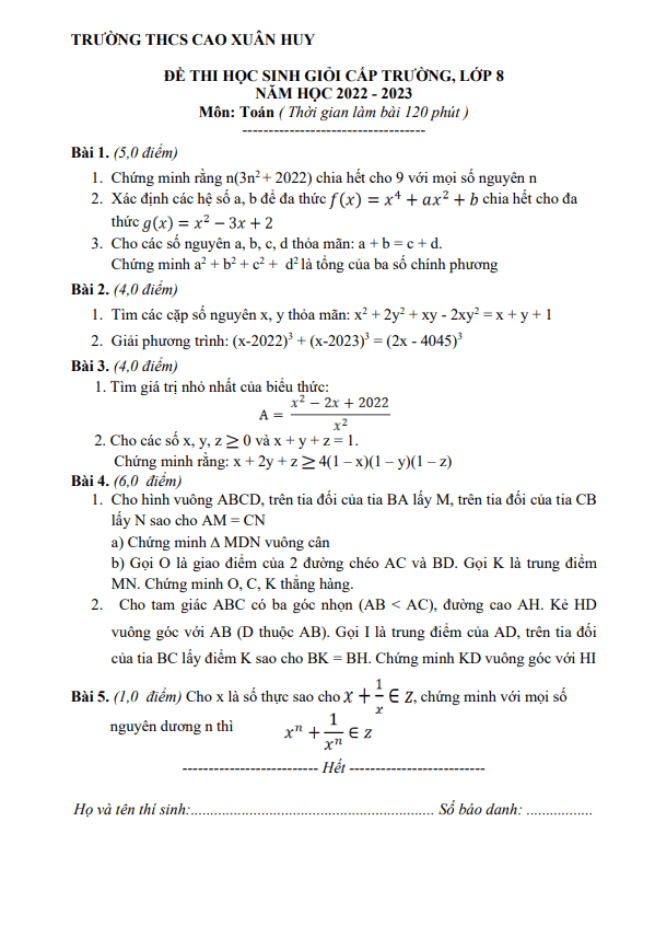 Đề thi HSG Toán 8 năm 2022 - 2023 trường THCS Cao Xuân Huy - Nghệ An - THCS.TOANMATH.com