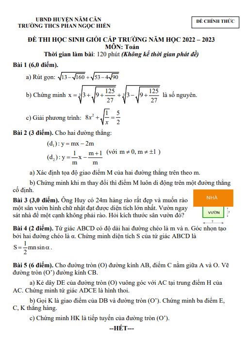 Đề thi HSG Toán 9 năm 2022 - 2023 trường THCS Phan Ngọc Hiển - Cà Mau - THCS.TOANMATH.com