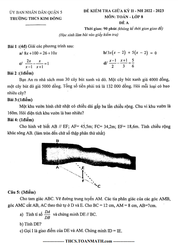 Đề giữa kỳ 2 Toán 8 năm 2022 - 2023 trường THCS Kim Đồng - TP HCM ...
