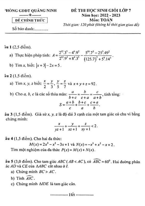 Đề học sinh giỏi Toán 7 năm 2022 - 2023 phòng GD&ĐT Quảng Ninh - Quảng Bình - THCS.TOANMATH.com