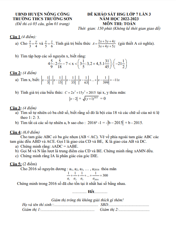 Đề khảo sát HSG Toán 7 lần 3 năm 2022 - 2023 trường THCS Trường Sơn - Thanh Hóa - THCS.TOANMATH.com