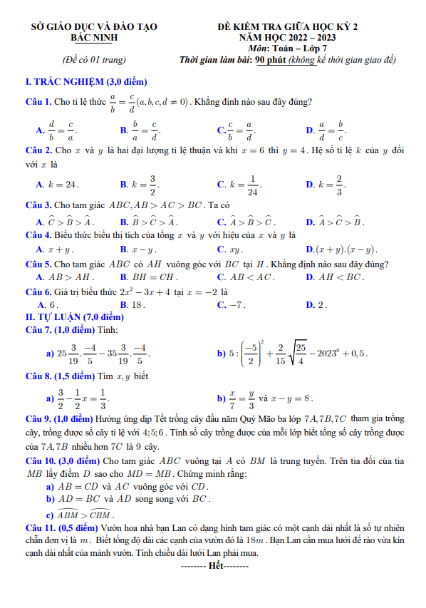 Đề kiểm tra giữa học kỳ 2 Toán 7 năm 2022 - 2023 sở GD&ĐT Bắc Ninh - THCS.TOANMATH.com