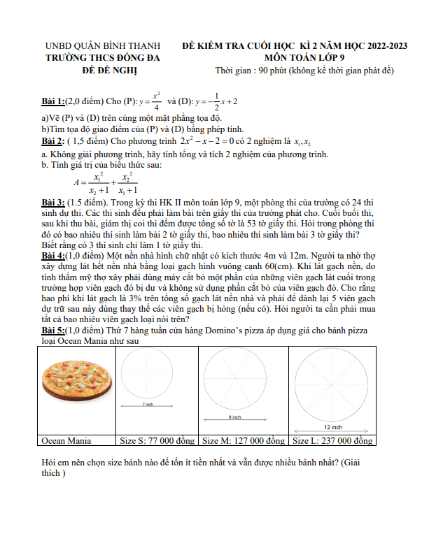 Đề đề nghị cuối kì 2 Toán 9 năm 2022 - 2023 trường THCS Đống Đa - TP ...