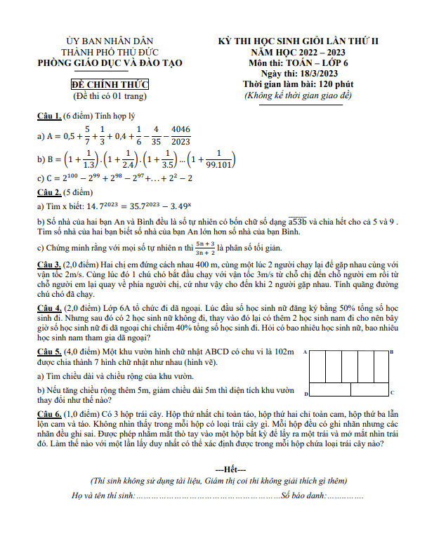 Đề học sinh giỏi lần 2 Toán 6 năm 2022 - 2023 phòng GD&ĐT Thủ Đức - TP HCM - THCS.TOANMATH.com
