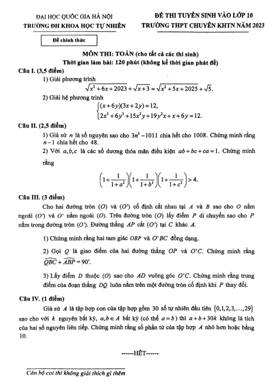 Đề tuyển sinh lớp 10 môn Toán (chung) năm 2023 trường THPT chuyên KHTN ...
