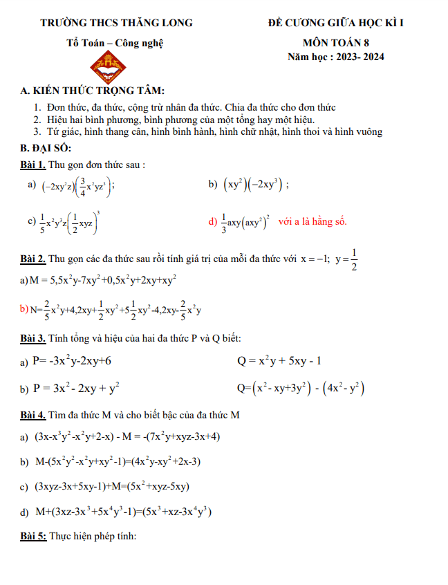 Đề cương giữa học kì 1 Toán 8 năm 2023 - 2024 trường THCS Thăng Long - Hà Nội - THCS.TOANMATH.com