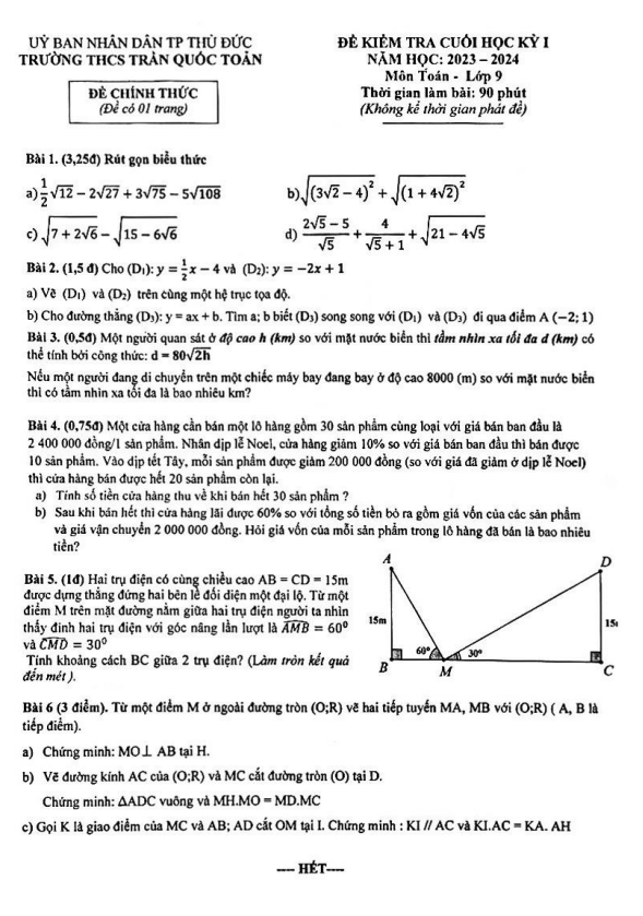 Đề cuối học kỳ 1 Toán 9 năm 2023 - 2024 trường THCS Trần Quốc Toản - TP HCM - THCS.TOANMATH.com
