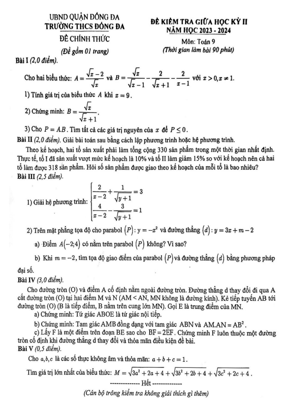Đề giữa học kỳ 2 Toán 9 năm 2023 - 2024 trường THCS Đống Đa - Hà Nội ...