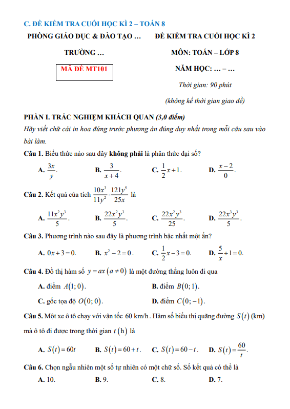 10 đề kiểm tra cuối học kì 2 Toán 8 Kết Nối Tri Thức Với Cuộc Sống ...