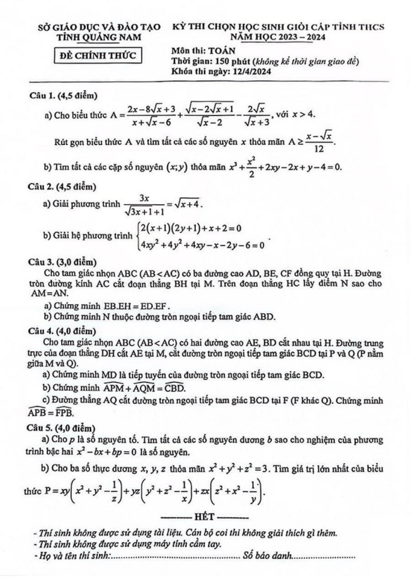 Đề thi chọn học sinh giỏi Toán THCS năm 2023 - 2024 sở GD&ĐT Cần Thơ - THCS.TOANMATH.com