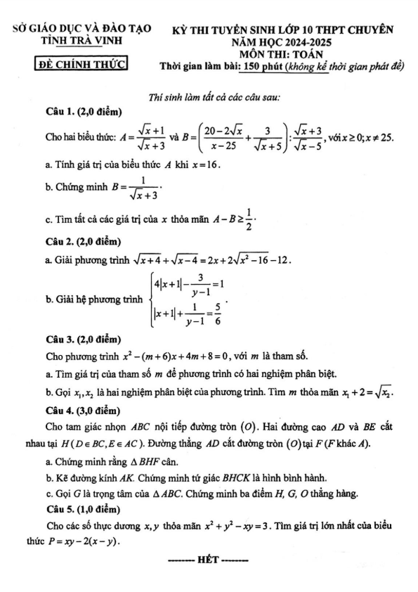 Đề tuyển sinh lớp 10 chuyên môn Toán năm 2024 - 2025 sở GD&ĐT Trà Vinh ...