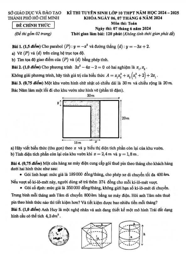 Đề tuyển sinh lớp 10 môn Toán năm 2024 - 2025 sở GD&ĐT TP Hồ Chí Minh - THCS.TOANMATH.com