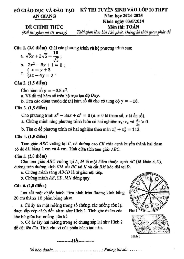 Đề tuyển sinh lớp 10 THPT môn Toán năm 2024 - 2025 sở GD&ĐT An Giang ...