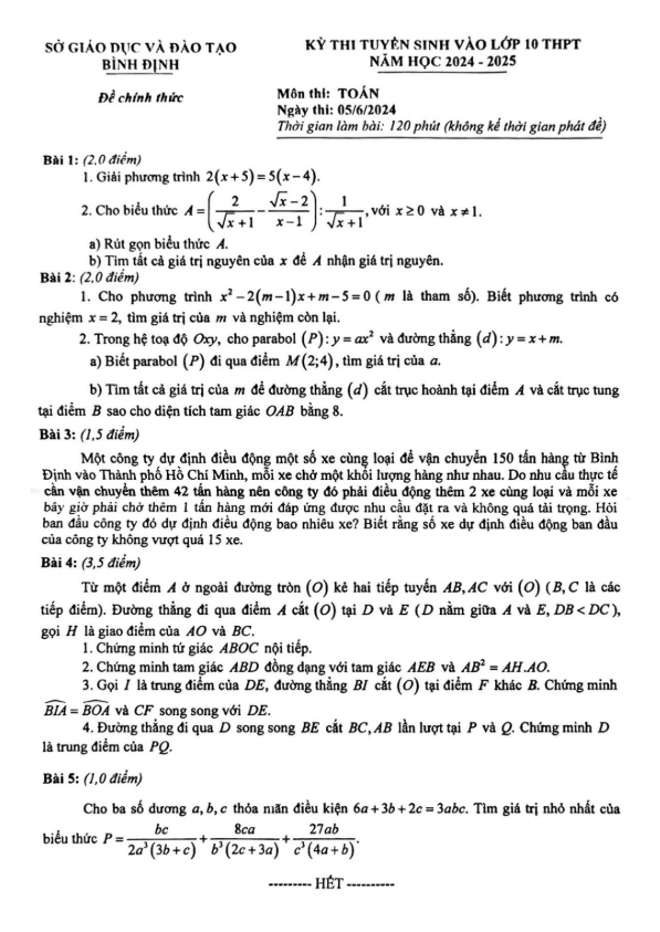 Đề tuyển sinh lớp 10 THPT môn Toán năm 2024 - 2025 sở GD&ĐT Bình Định ...