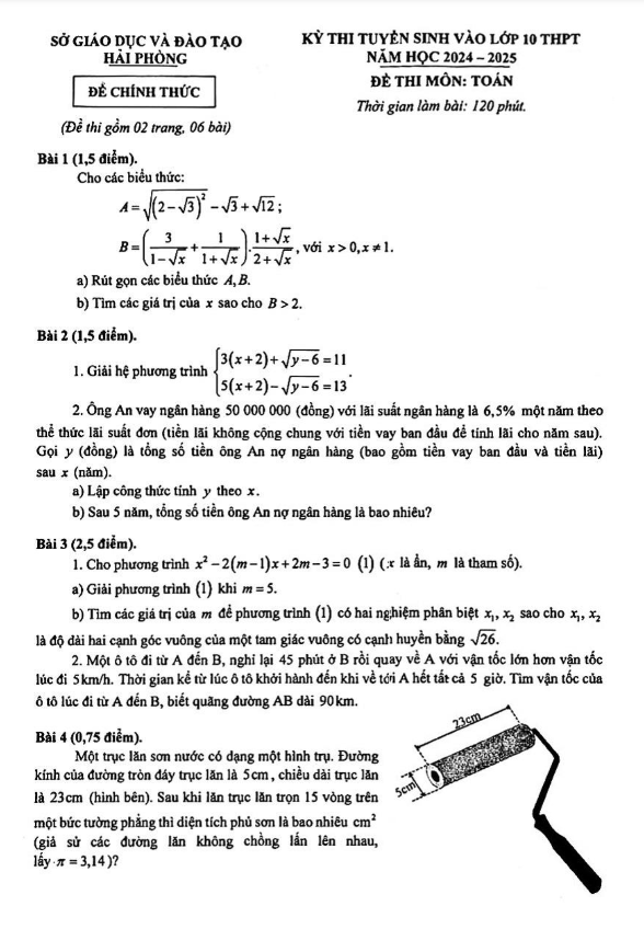 Đề tuyển sinh lớp 10 THPT môn Toán năm 2024 - 2025 sở GD&ĐT Hải Phòng ...