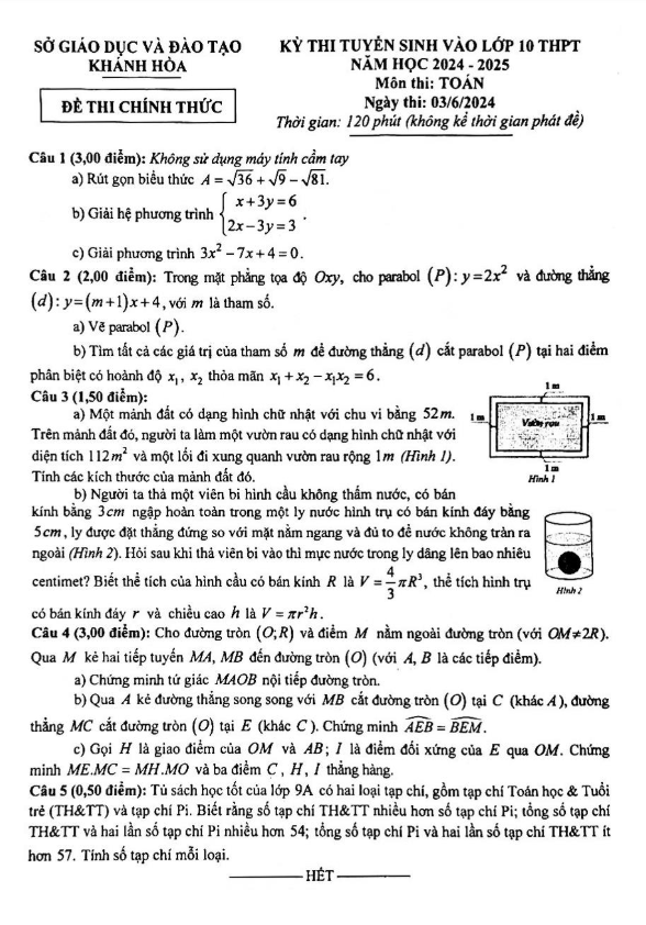 Đề tuyển sinh lớp 10 THPT môn Toán năm 2024 - 2025 sở GD&ĐT Khánh Hòa ...
