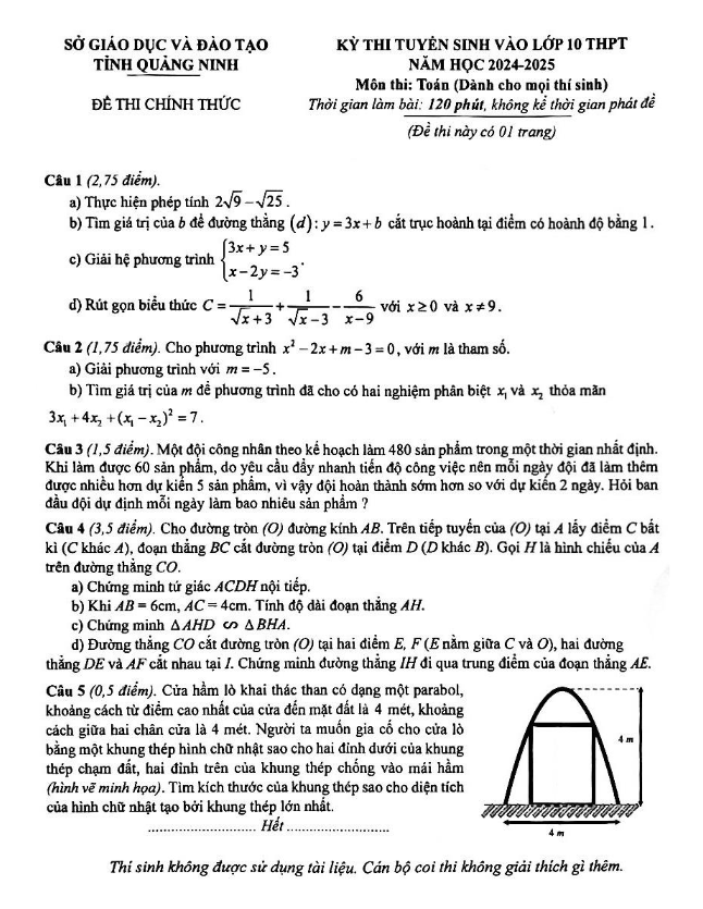 Đề tuyển sinh lớp 10 THPT môn Toán năm 2024 - 2025 sở GD&ĐT Quảng Ninh ...