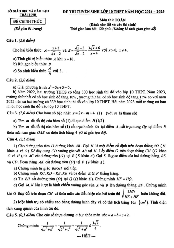 Đề tuyển sinh lớp 10 THPT môn Toán năm 2024 - 2025 sở GD&ĐT Thái Bình ...
