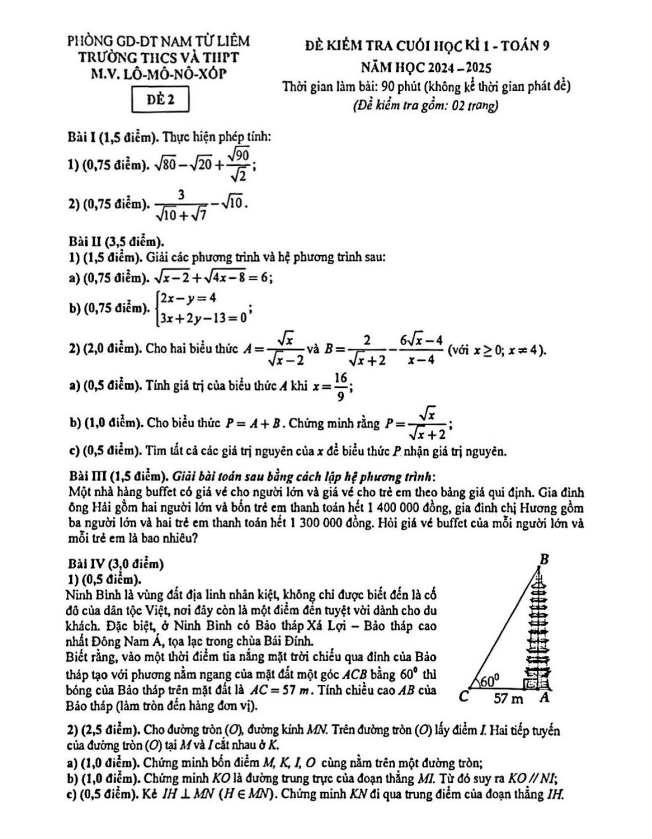 Đề cuối học kì 1 Toán 9 năm 2024 - 2025 trường M.V. Lômônôxốp - Hà Nội - THCS.TOANMATH.com