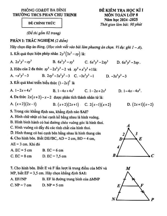 Đề học kì 1 Toán 8 năm 2024 - 2025 trường THCS Phan Chu Trinh - Hà Nội - THCS.TOANMATH.com
