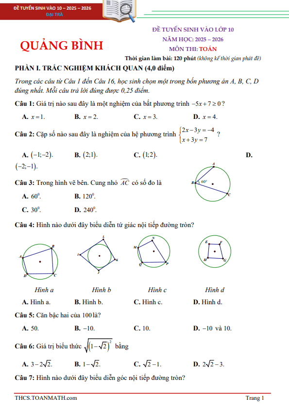 Đề tuyển sinh lớp 10 môn Toán năm 2025 - 2026 sở GD&ĐT Quảng Bình ...